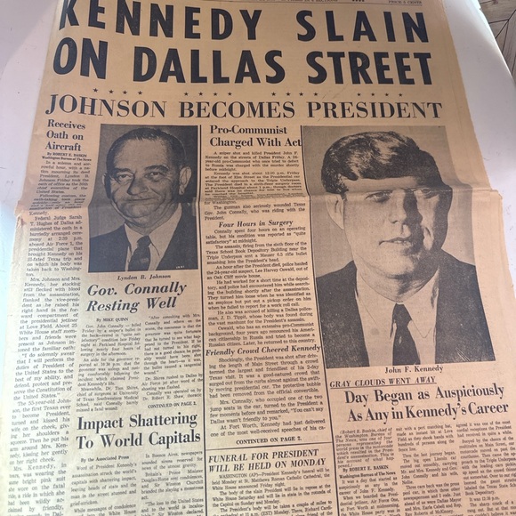 Other | 1963 Dallas Morning News Kennedy Slain On Dallas Street | Poshmark